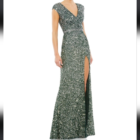 Mac Duggal | Dresses | Last Forest Green Cap Sleeve Sequined High Slit ...